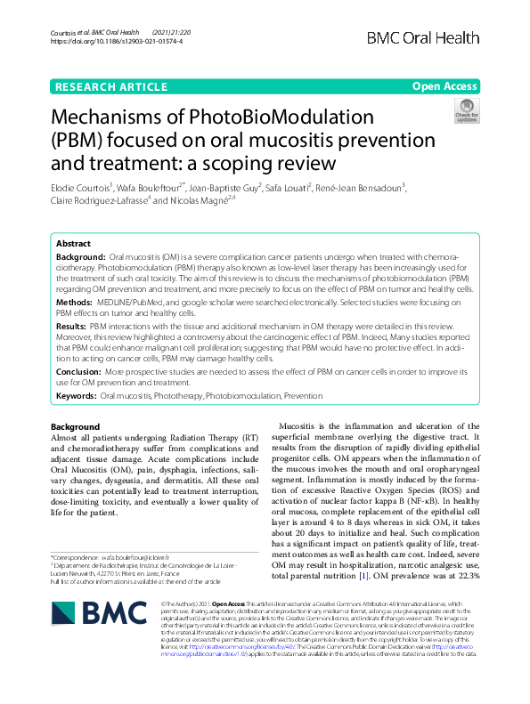 (PDF) Mechanisms of PhotoBioModulation (PBM) focused on oral mucositis ...