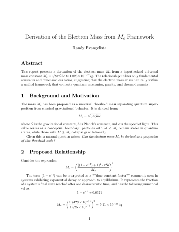(PDF) Derivation of the Electron Mass from M o Framework