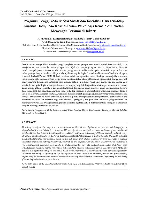 (PDF) Pengaruh Penggunaan Media Sosial dan Interaksi Fisik terhadap Kualitas Hidup dan ...
