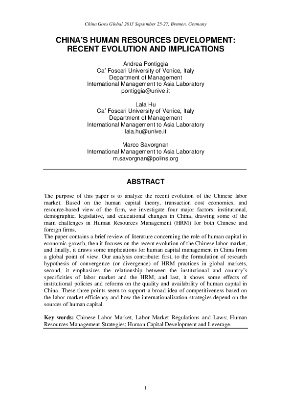 (PDF) China's Human Resources Development: Recent Evolution and ...