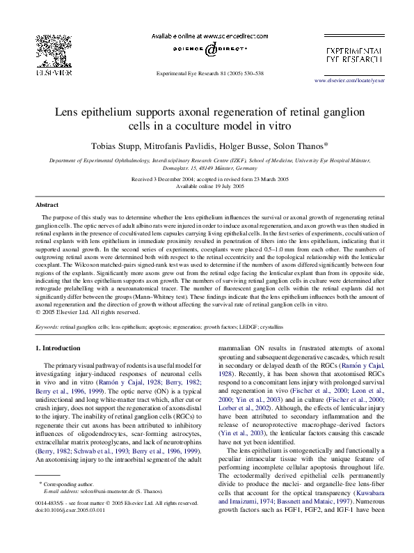 (PDF) Lens epithelium supports axonal regeneration of retinal ganglion ...