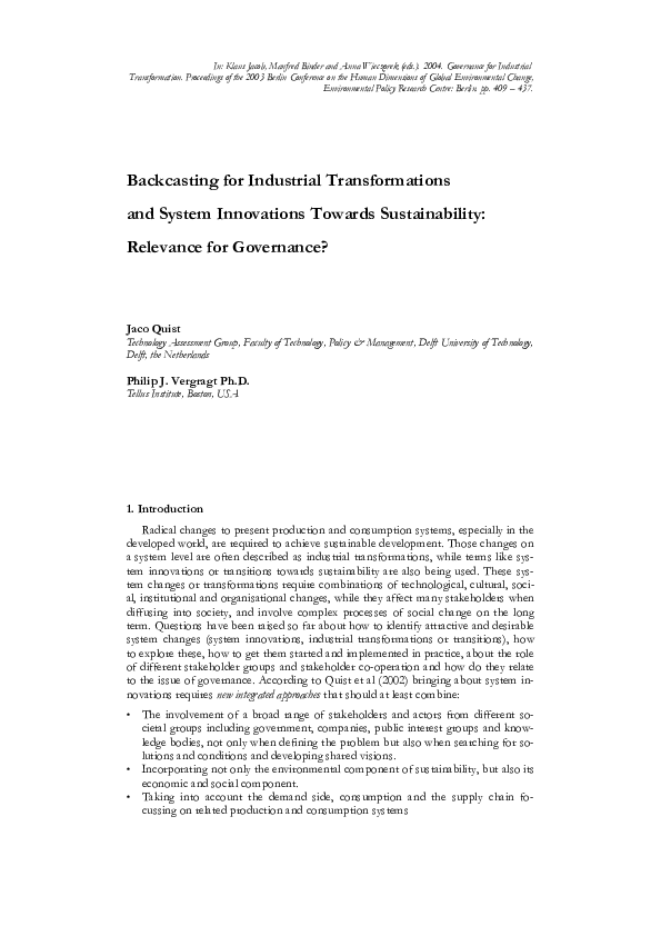 (PDF) Backcasting for Industrial Transformations and System Innovations Towards Sustainability ...