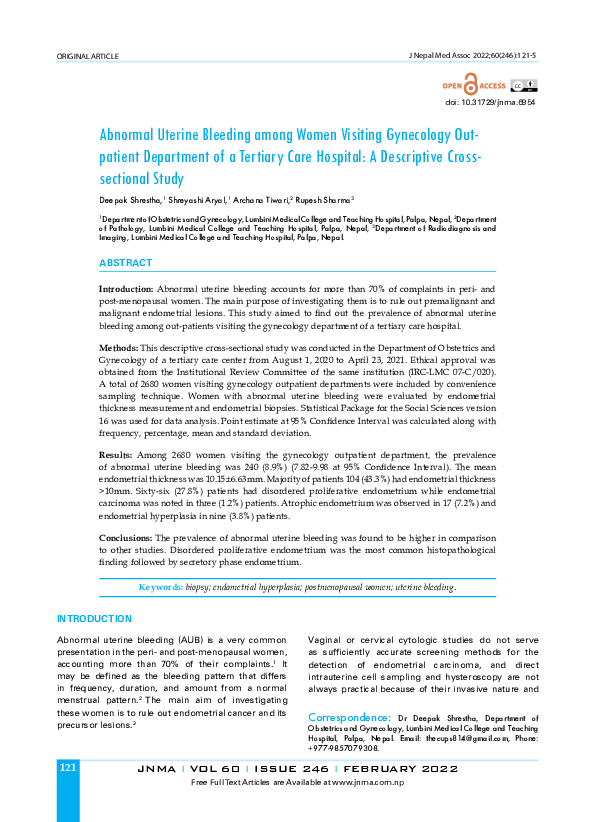 (PDF) Abnormal Uterine Bleeding among Women Visiting Gynecology Out ...