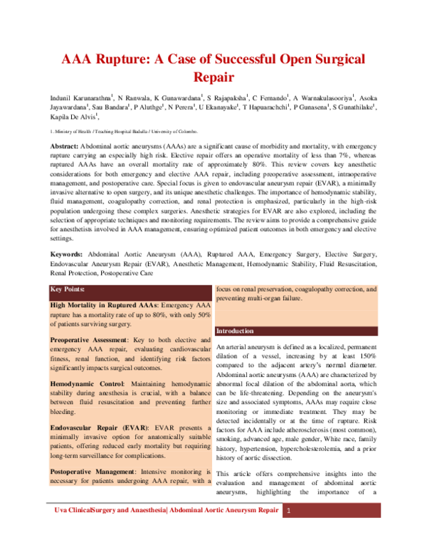 (PDF) Abdominal Aortic Aneurysms AAA Rupture, A Case of Successful Open ...