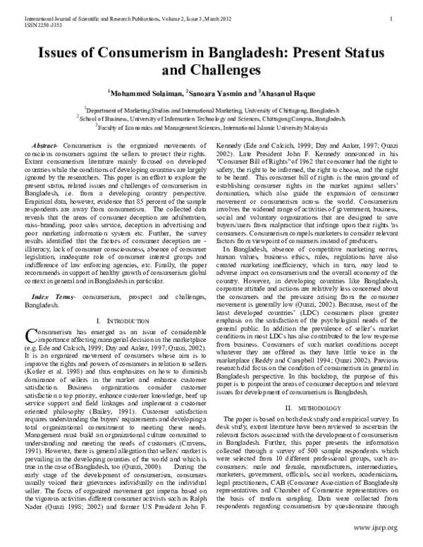 (PDF) Issues of Consumerism in Bangladesh: Present Status and Challenges