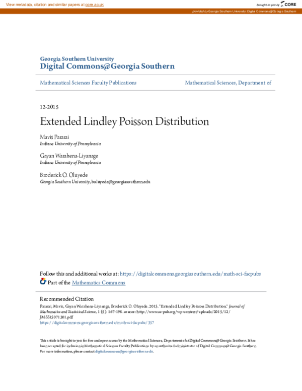 (PDF) Extended Lindley Poisson Distribution
