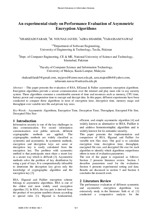 (PDF) An experimental study on Performance Evaluation of Asymmetric Encryption Algorithms