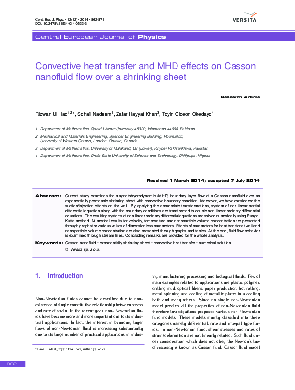 (PDF) Convective heat transfer and MHD effects on Casson nanofluid flow over a shrinking sheet