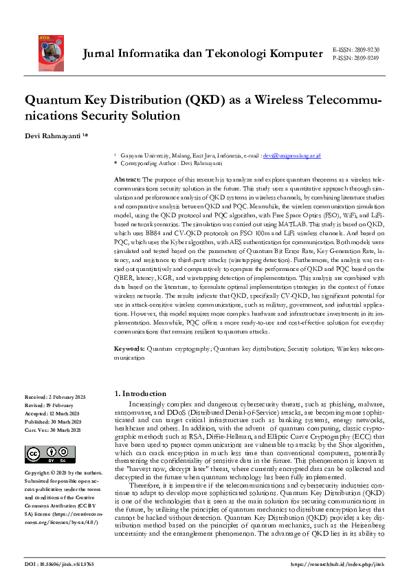 (PDF) Quantum Key Distribution (QKD) as a Wireless Telecommunications ...