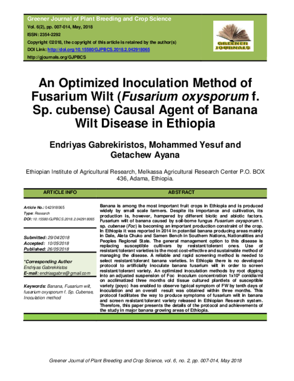 (PDF) An Optimized Inoculation Method of Fusarium Wilt (Fusarium oxysporum f. Sp. cubense ...