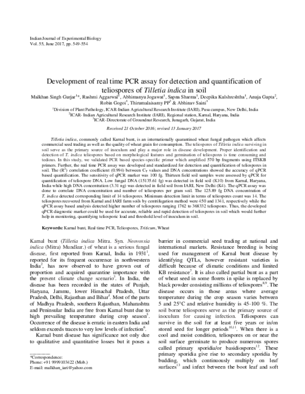 (PDF) Development of real time PCR assay for detection and quantification of teliospores of ...