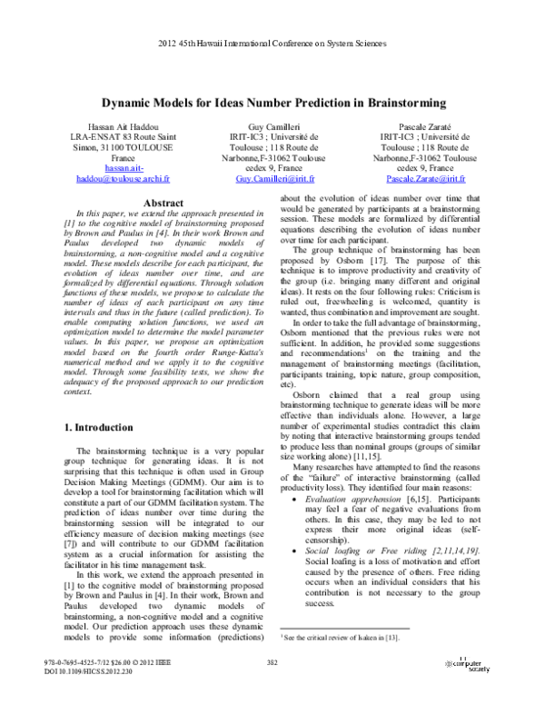 (PDF) Dynamic Models for Ideas Number Prediction in Brainstorming