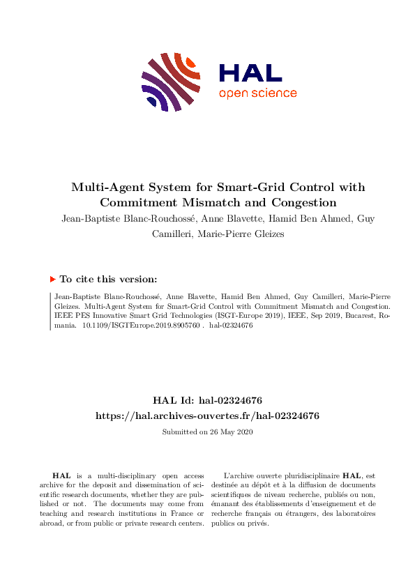 (PDF) Multi-Agent System for Smart-Grid Control with Commitment Mismatch and Congestion