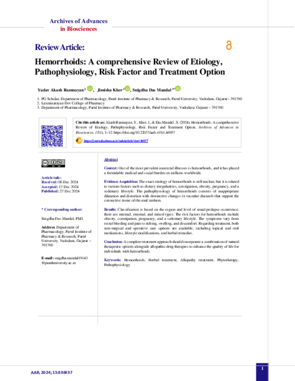 (PDF) Review Article: Hemorrhoids: A comprehensive Review of Etiology, Pathophysiology, Risk ...