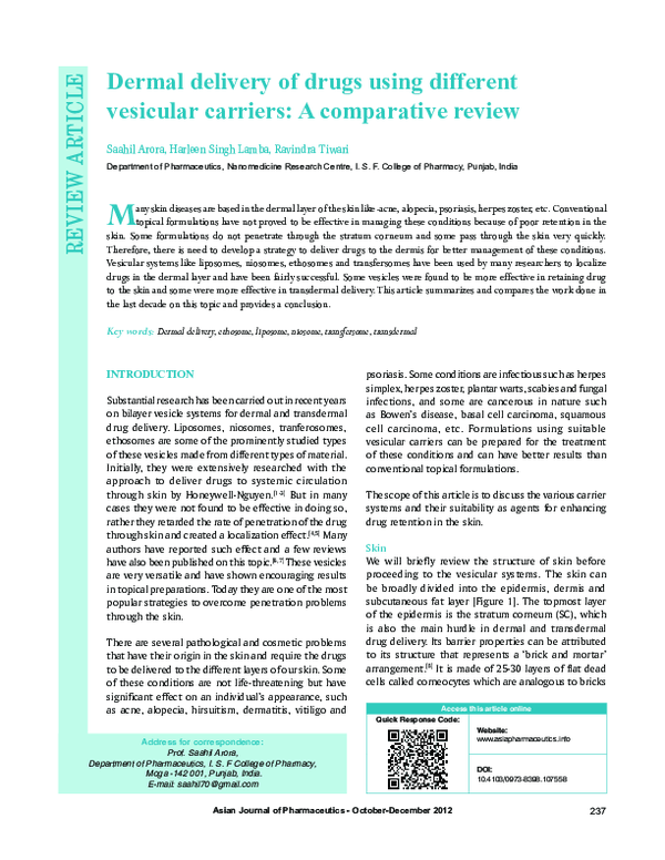 (PDF) Dermal delivery of drugs using different vesicular carriers: A ...