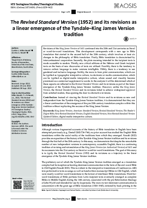 (PDF) The Revised Standard Version (1952) and its revisions as a linear ...