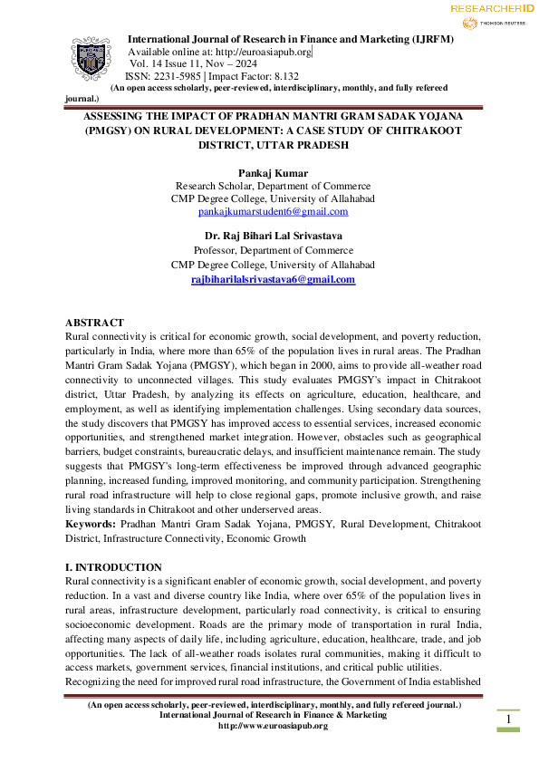 (PDF) ASSESSING THE IMPACT OF PRADHAN MANTRI GRAM SADAK YOJANA (PMGSY ...