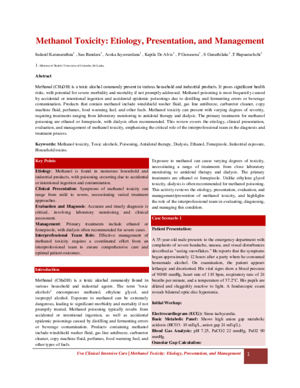 (PDF) Methanol Toxicity: Etiology, Presentation, and Management