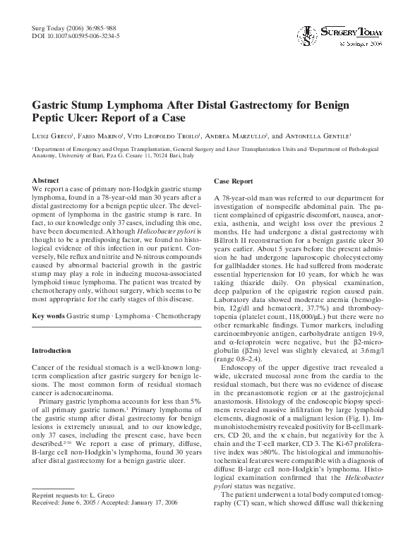 (PDF) Gastric Stump Lymphoma After Distal Gastrectomy for Benign Peptic ...