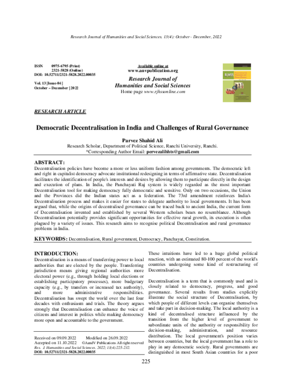 (PDF) Democratic Decentralisation in India and Challenges of Rural ...