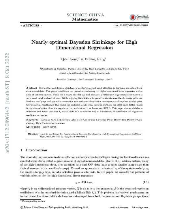 (PDF) Nearly optimal Bayesian Shrinkage for High Dimensional Regression