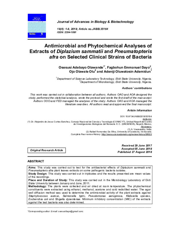 (PDF) Antimicrobial and Phytochemical Analyses of Extracts of Diplazium sammatii and ...