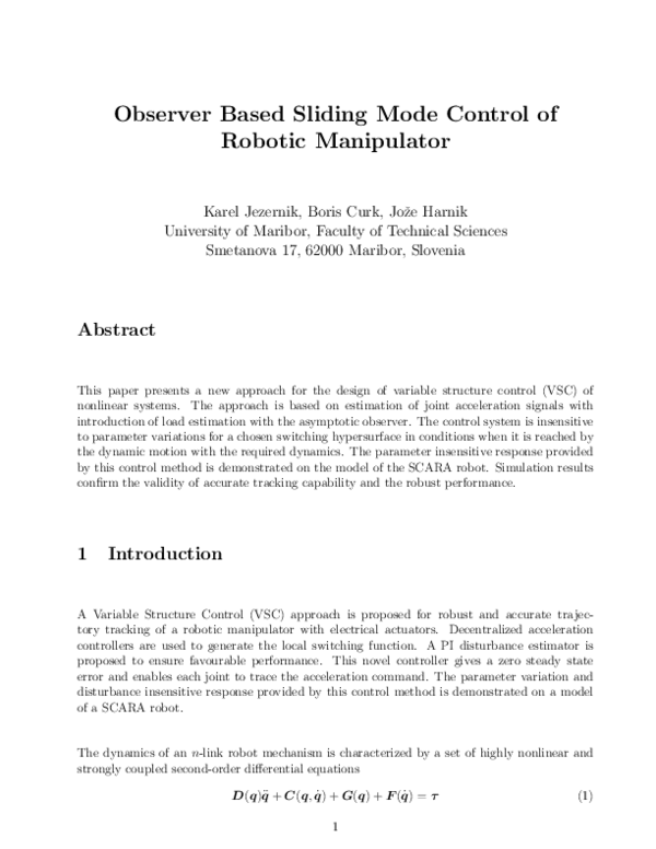(PDF) Observer-based sliding mode control of a robotic manipulator