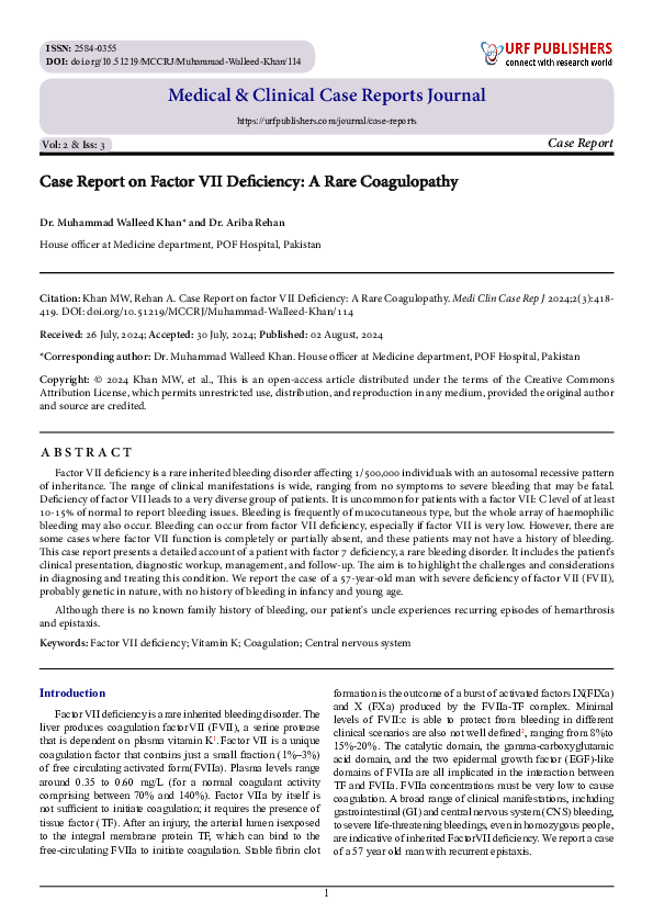 (PDF) Case Report on Factor VII Deficiency: A Rare Coagulopathy
