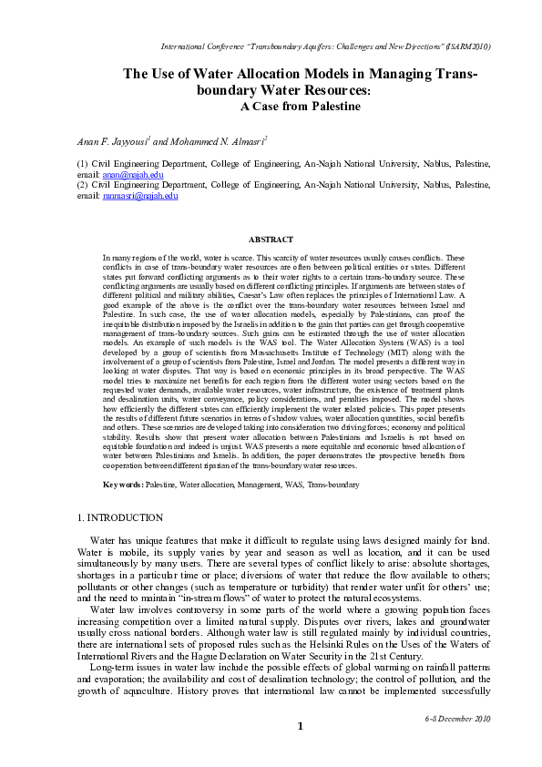 (PDF) The Use of Water Allocation Models in Managing Trans-boundary Water Resources: A Case from ...