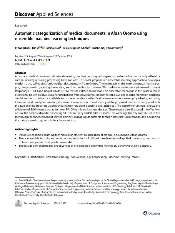 (PDF) Automatic categorization of medical documents in Afaan Oromo ...