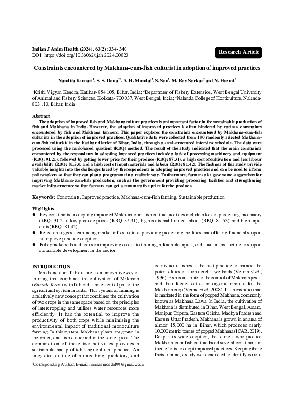 (PDF) Constraints encountered by Makhana-cum-fish culturist in adoption ...