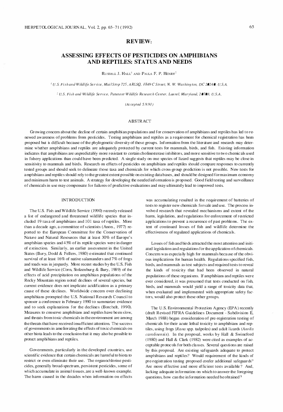 (PDF) Assessing effects of pesticides on amphibians and reptiles: Status and needs