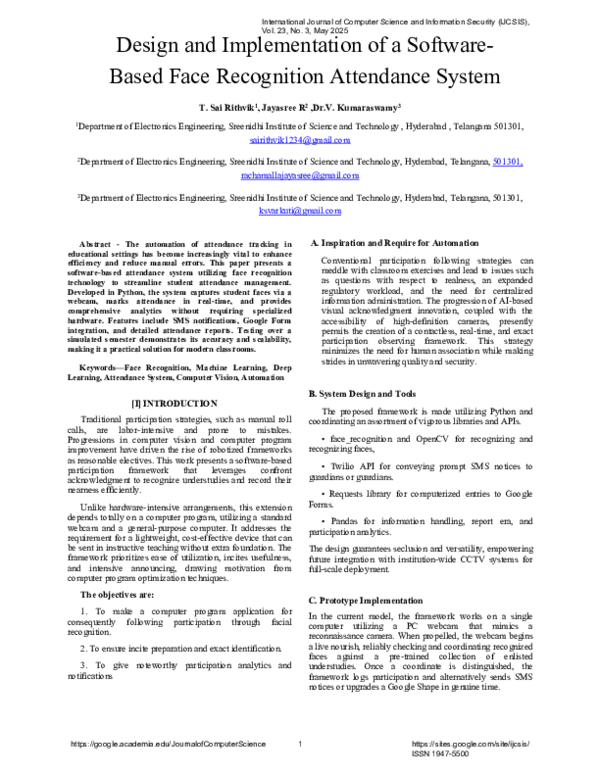 (PDF) Design and Implementation of a Software- Based Face Recognition Attendance System