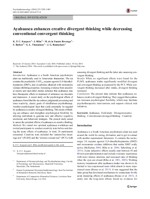 (PDF) Ayahuasca enhances creative divergent thinking while decreasing conventional convergent ...
