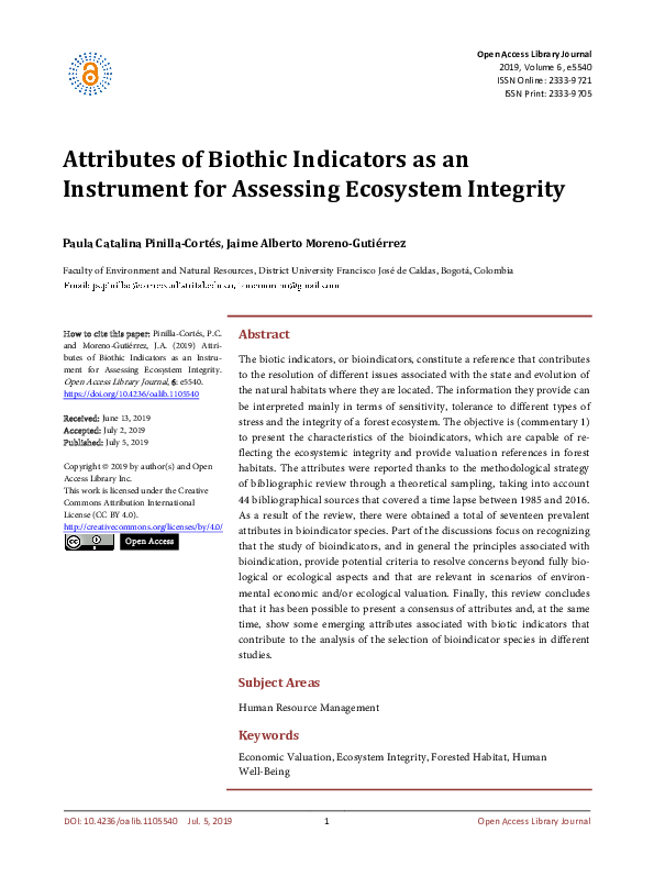 (PDF) Attributes of Biothic Indicators as an Instrument for Assessing ...
