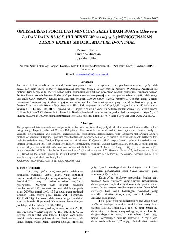 (PDF) OPTIMALISASI FORMULASI MINUMAN JELLY LIDAH BUAYA (Aloe vera L.) DAN DAUN BLACK MULBERRY ...