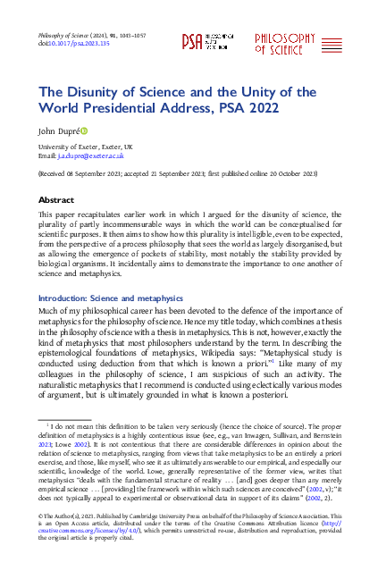 (PDF) The Disunity of Science and the Unity of the World Presidential ...