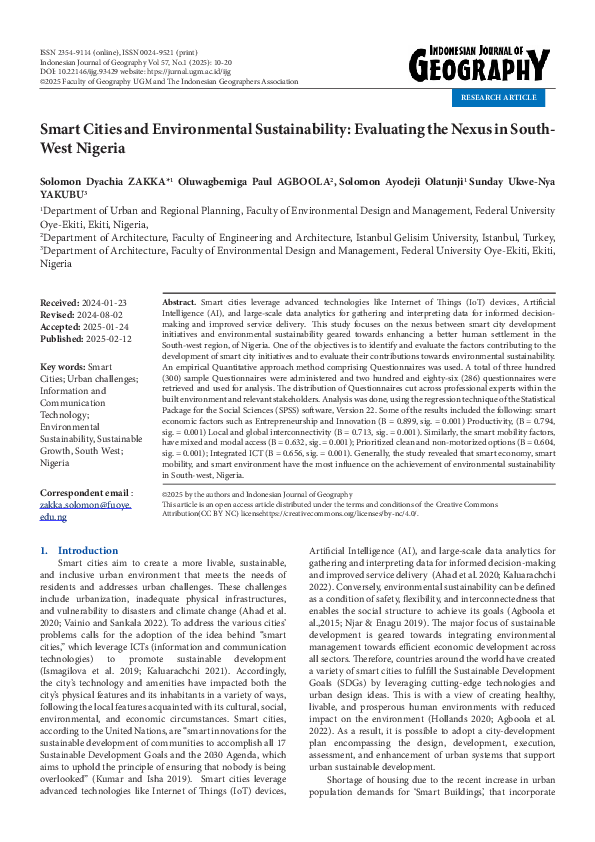 (PDF) Smart Cities and Environmental Sustainability: Evaluating the Nexus in South-West Nigeria