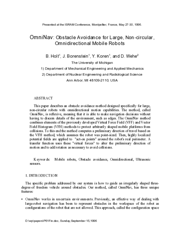 (PDF) OmniNav: Obstacle Avoidance for Large, Non-circular, Omnidirectional Mobile Robots