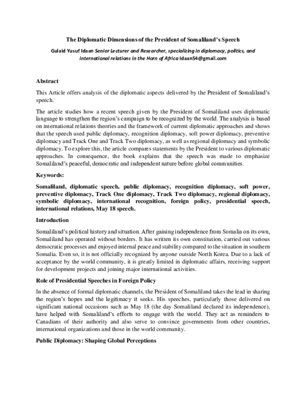 (PDF) The Diplomatic Dimensions of the President of Somaliland's Speech