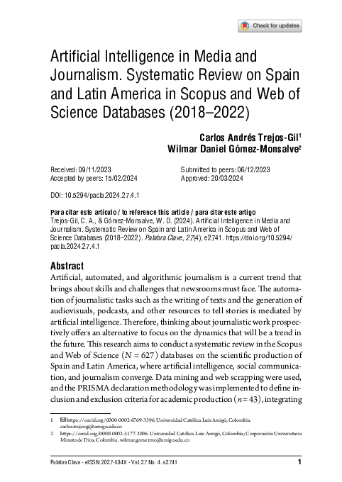 (PDF) Artificial Intelligence in Media and Journalism. Systematic Review on Spain and Latin ...