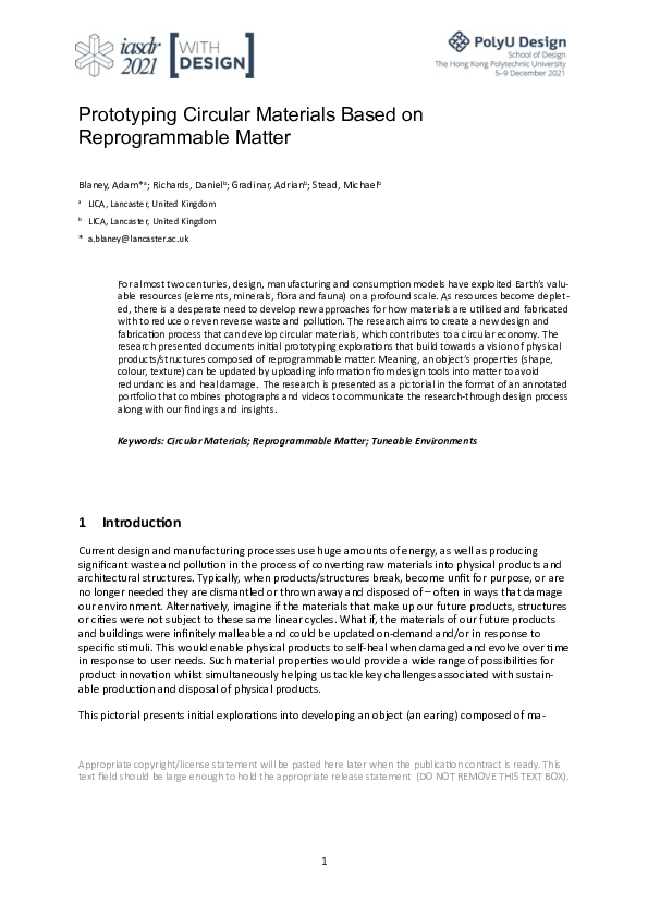 (PDF) Prototyping Circular Materials Based on Reprogrammable Matter