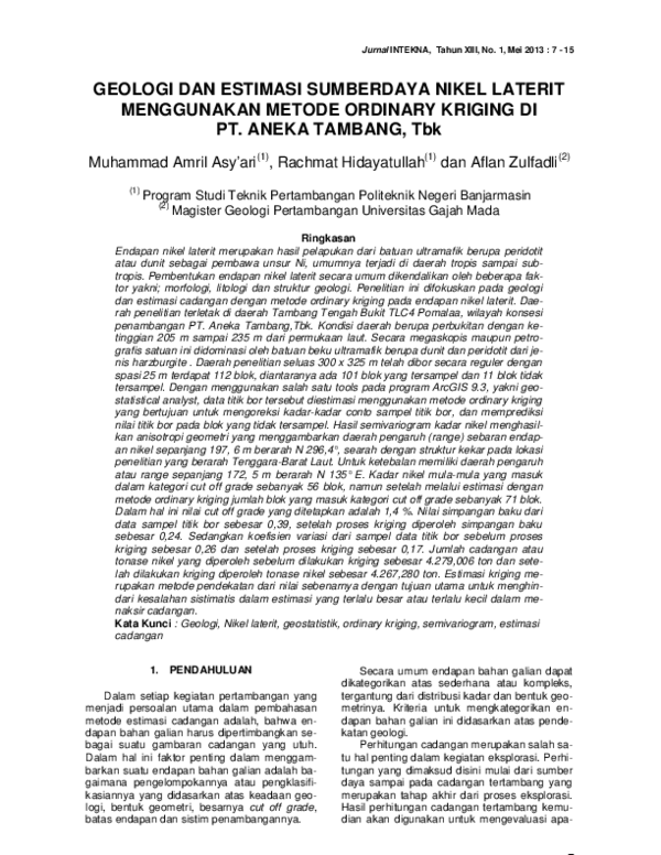 (PDF) GEOLOGI DAN ESTIMASI SUMBERDAYA NIKEL LATERIT MENGGUNAKAN METODE ORDINARY KRIGING DI PT ...