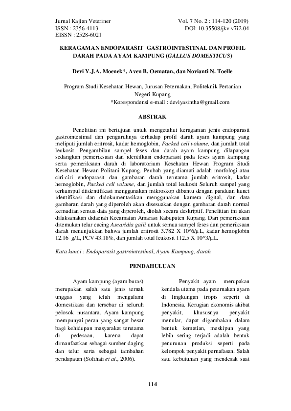 (PDF) Keragaman Endoparasit Gastrointestinal Dan Profil Darah Pada Ayam ...