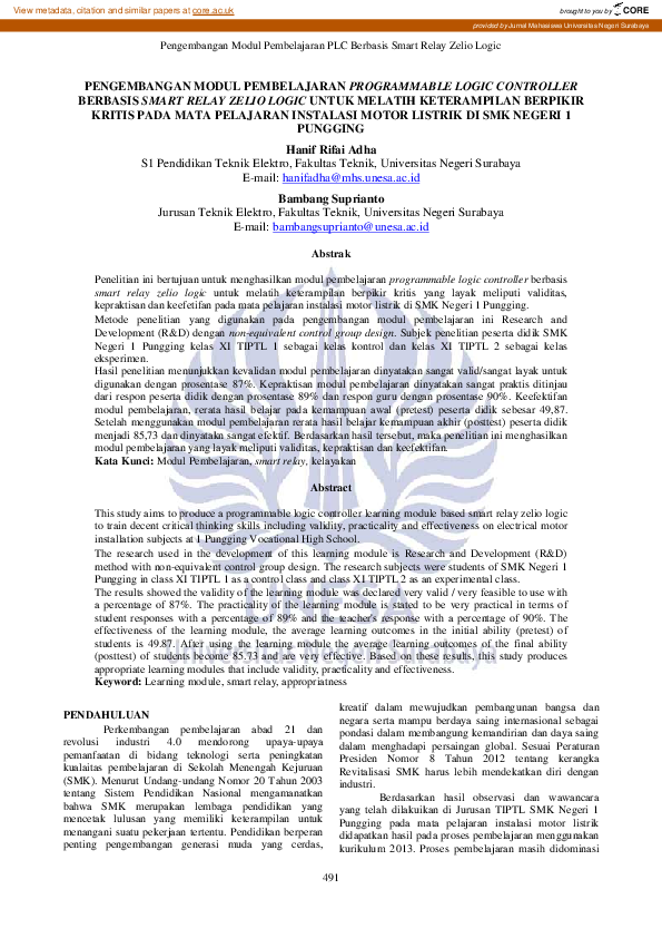 (PDF) Pengembangan Modul Pembelajaran Programmable Logic Controller Berbasis Smart Relay Zelio ...