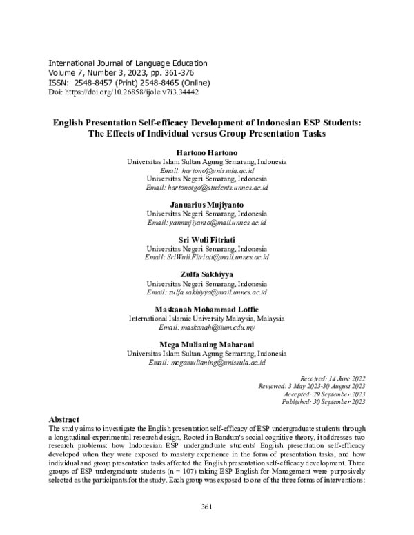 (PDF) English Presentation Self-efficacy Development of Indonesian ESP ...
