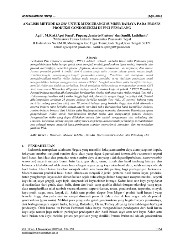(PDF) Analisis Metode Hazop untuk Mengurangi Sumber Bahaya pada Proses ...