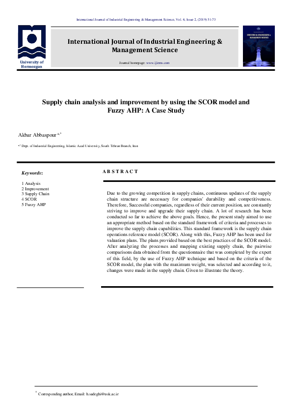 (PDF) Supply chain analysis and improvement by using the SCOR model and Fuzzy AHP: A Case Study