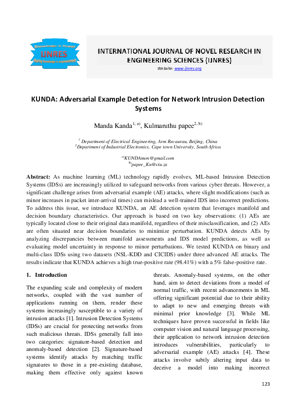 (PDF) KUNDA: Adversarial Example Detection for Network Intrusion Detection Systems