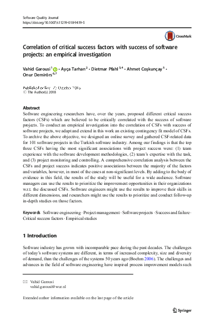 (PDF) Correlation of critical success factors with success of software ...